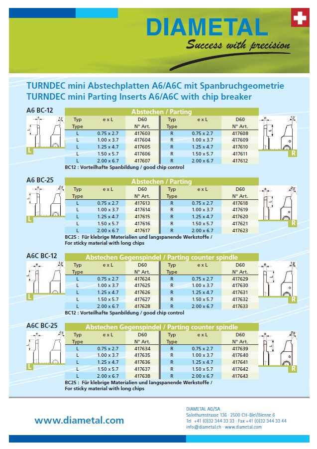 Diametal brochures, reseller of Diametal turning tools